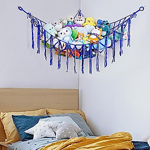 Basumee Stuffed Animals Net or Hammock Toy Storage Organizer Toy Hammock Hanging Stuffed Animals Storage Holder with Tassels for Nursery Kids Bedroom Room Wall Décor, Blue