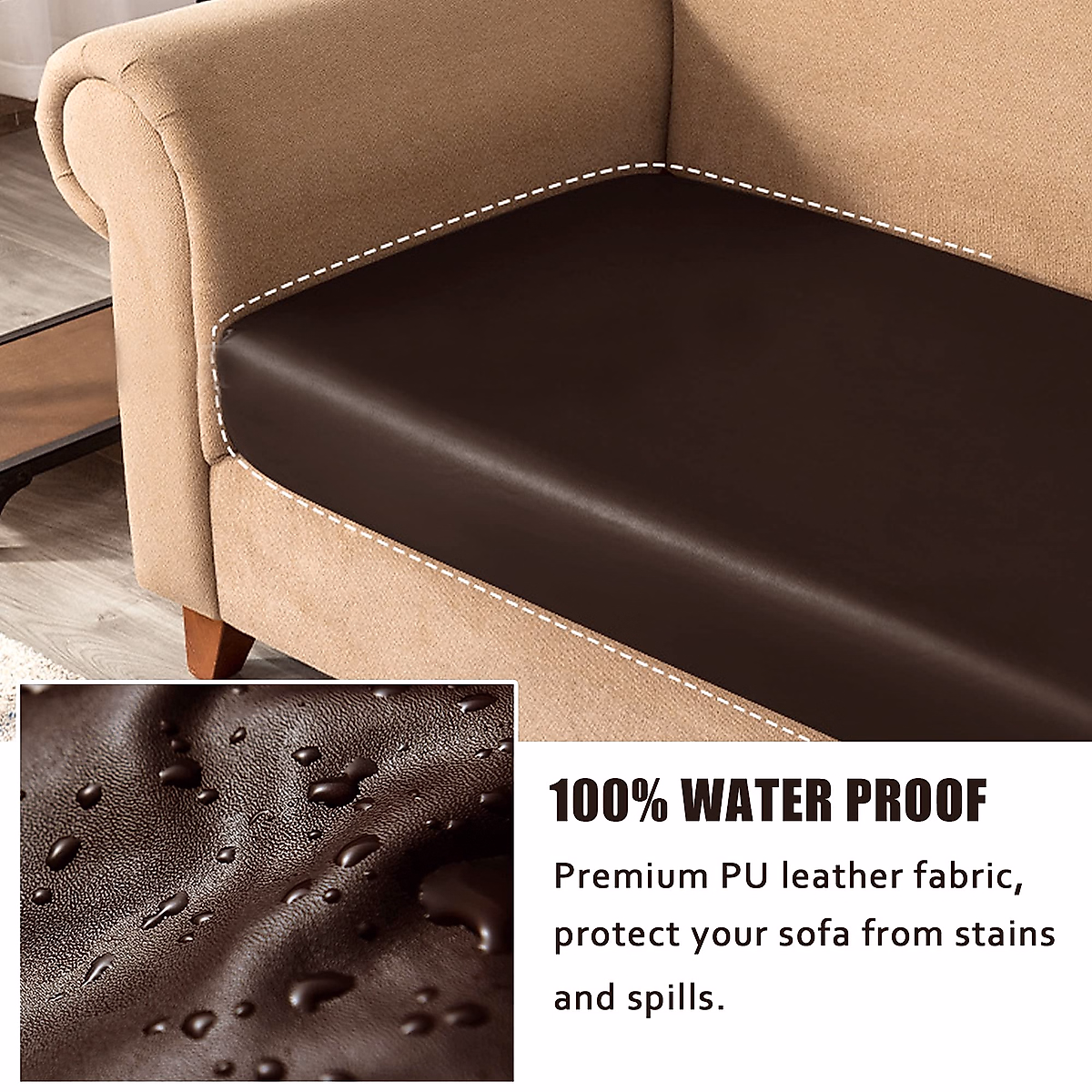 Faux Leather Couch Cushion Covers, Waterproof Sofa Cushion Slipcovers, Elastic RV Chair Seat Covers for Settee Seater, PU Leather Sofa Slipcovers Replacement Living Room (Chair Cushion, Chocolate)