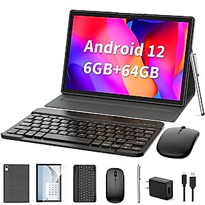 Android Tablet 2 in 1 Tablet, 10 inch Android 12 Tablet 6GB+64GB with Keyboard, Tablets with Case Mouse Stylus,512GB Expandable Dual Camera, WiFi, Bluetooth, GMS Certified Tablet PC(Silver)