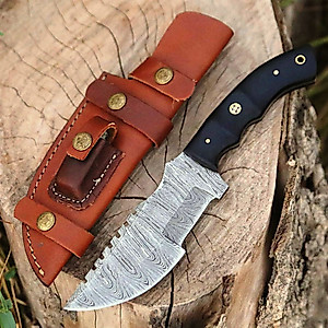 Handmade Tracker Knife Damascus Knife for Hunting Camping - 10 Inch Damascus Steel Hunting Tracker Knife with Horizontal Carry Sheath - Fixed Blade Survival tactical full tang Bushcraft Knife (Black Micarta)