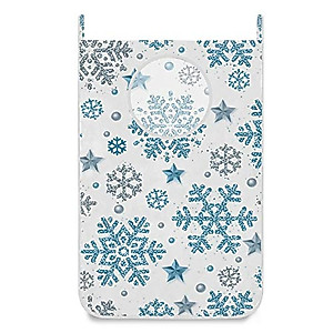Snowflakes And Stars Door Hanging Laundry Hamper Bag Winter Christmas Space Saving Wall Large Laundry Basket Storage Dirty Clothes Bags with Bottom Zippers Hooks For Bathroom Bedroom 1 Pcs