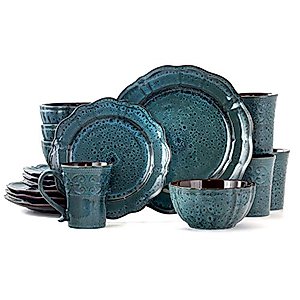 Elama Round Stoneware with Scalloped Edges Dinnerware Dish Set, 16 Piece, Blue