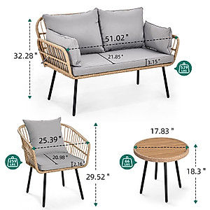 YITAHOME 4 Pieces Patio Furniture Set, Wicker Balcony Bistro Set, Outdoor All-Weather Rattan Conversation Set with Loveseat Chairs Table Soft Cushions for Backyard, Pool, Deck, Garden - Grey