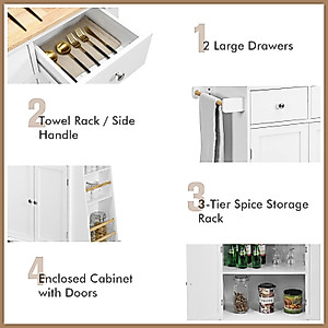 COSTWAY Kitchen Island on Wheels, Utility Trolley Cart with Adjustable Shelf, 2 Drawers, 3-Tier Spice Rack, Towel Rack, 2-Door Cabinet, Rubber Wood Countertop, Lockable Casters for Dining Room (White)