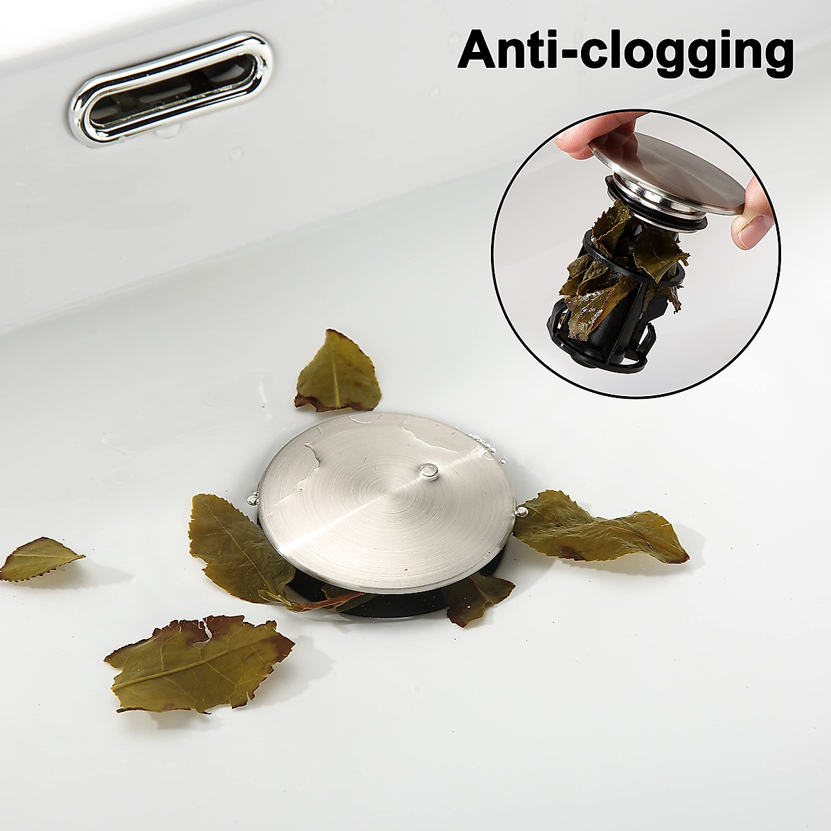 Pop Up Bathroom Sink Drain - Bathroom Sink Stopper with Overflow for Faucet Vessel, Push Type Bathroom Sink Vanity Assembly with Strainer, Brushed Nickel