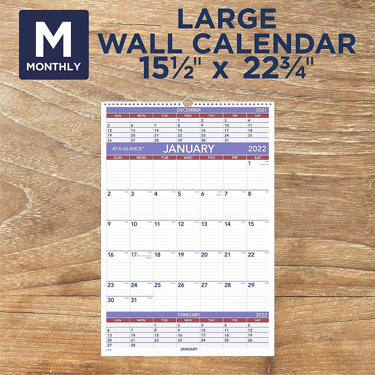 2022 Wall Calendar by AT-A-GLANCE, 15-1/2" x 22-3/4", Large, 3-Month, Wirebound (PM628)