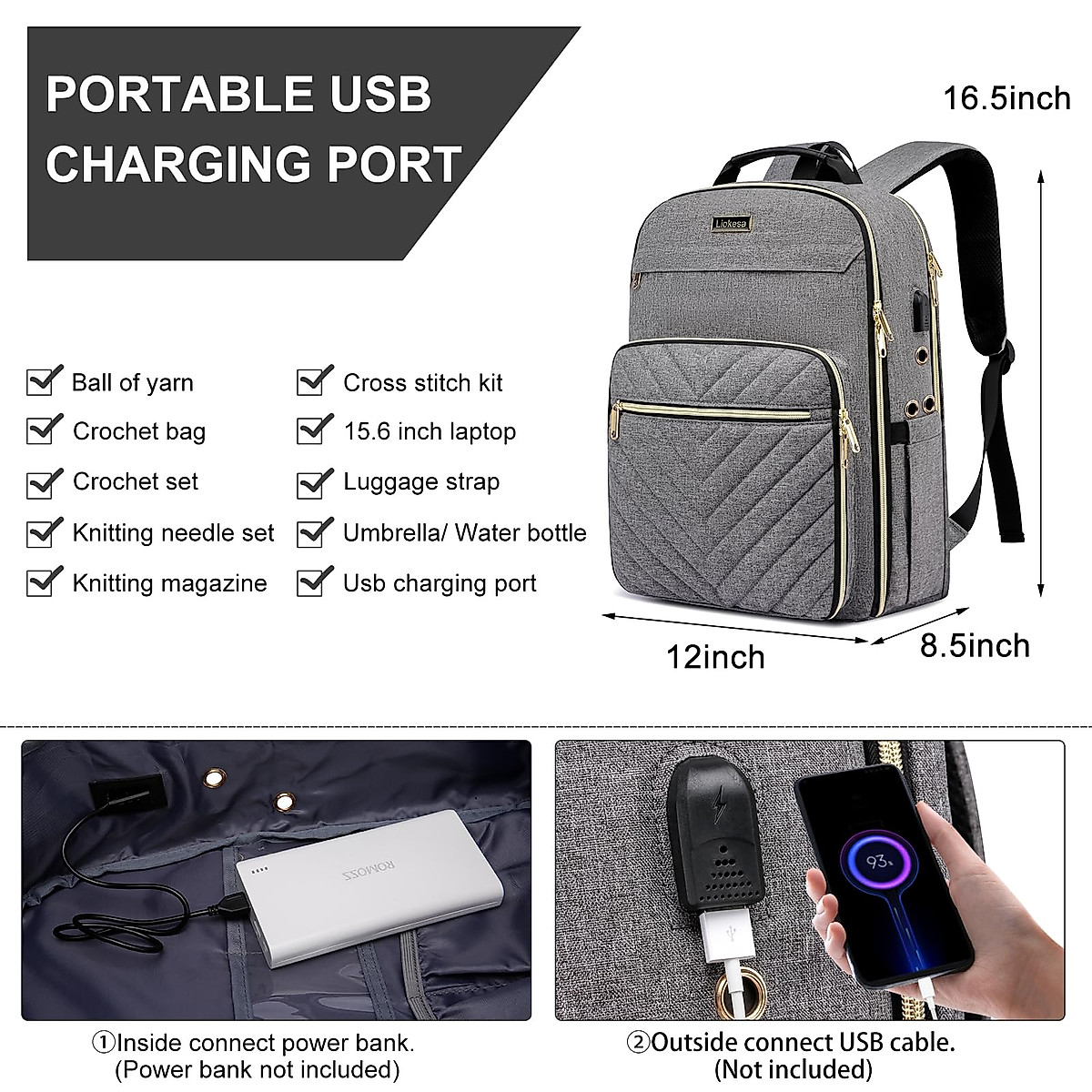 Knitting Bag Backpack, Crochet Bag Tote, Large Yarn Storage Tote Bag with USB Charging Port, Yarn Holder Case for Carrying Projects, Knitting Needles, Yarn Supplies, Grey