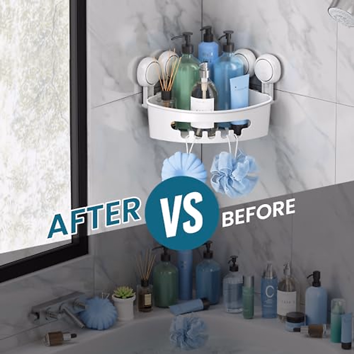 TAILI Corner Shower Caddy with Suction Cups, Wall Mounted Shower Organizer Plastic Shower Rack for Small Bathrooms, Kitchen, Removable Drill-Free Heavy Duty Shower Shelf Shower Basket, White