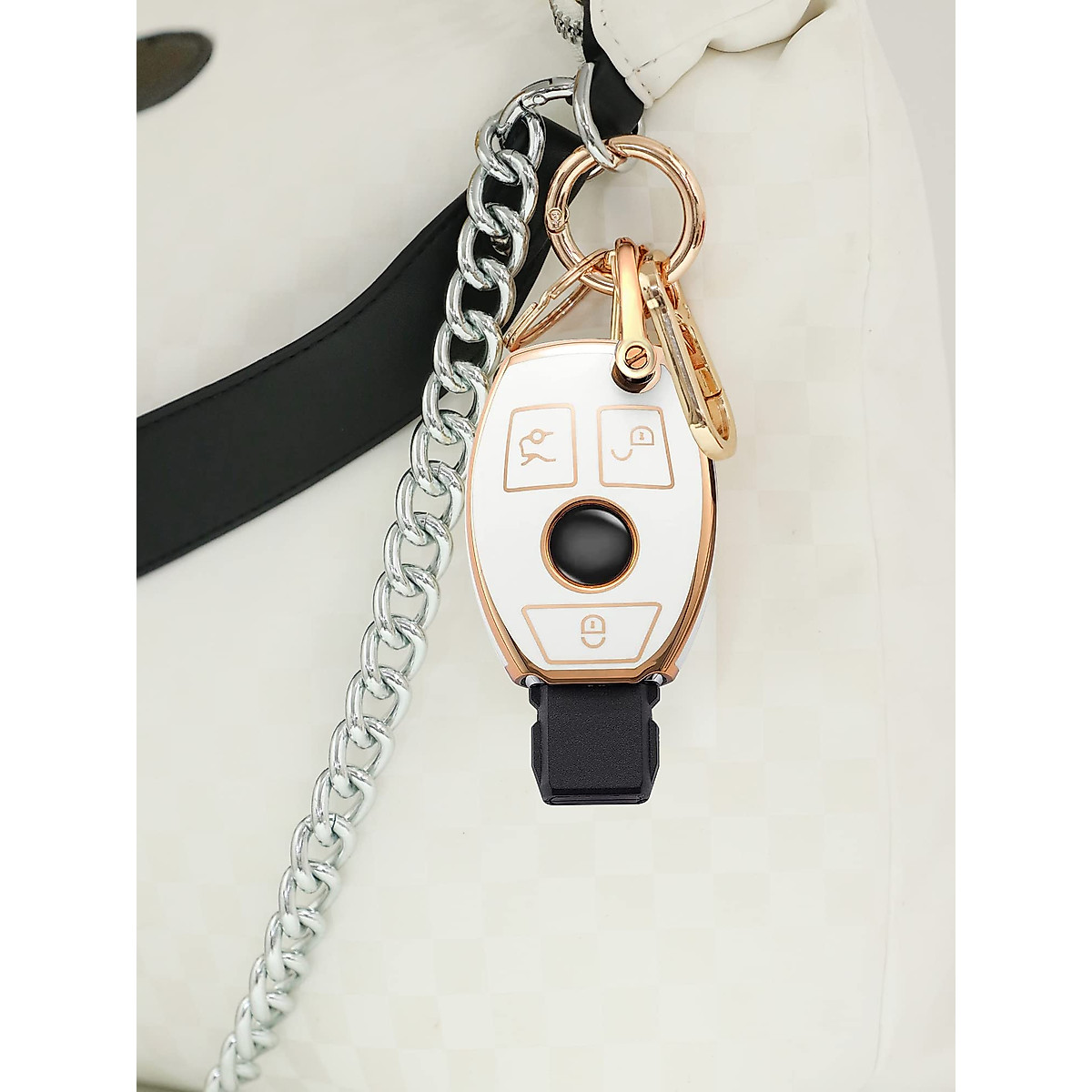 LEERLY Key Fob Cover for Mercedes Benz Accessories, Key Case with Key Chain Compatible with C E S M CLS CLK G Class Smart Key 3 Buttons white