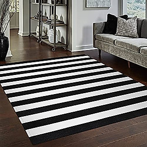 Black and White Rug 4' x 6' Collive Washable Striped Outdoor Indoor Rug Farmhouse Cotton Woven Layered Front Door Mat for Porch/Kitchen/Living Room/Bedroom