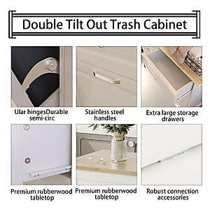 Usinso Double Trash Can Cabinet, Double Tilt Out Trash Cabinet with Hideaway Holder Drawers, Modern Standing Trash Cabinet for Kitchen, Living Room, Laundry Room (White)