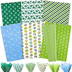 Whaline Easter Tissue Paper Green Blue Gift Wrapping Paper Rabbit Bunny Clover Eggs Flower Art Tissue Paper for Easter St. Patrick's Day DIY Craft Birthday Wedding Decor, 14 x 20 Inch, 90Pcs