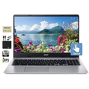 2021 Flagship Acer Chromebook 15.6" FHD 1080p IPS Touchscreen Light Computer Laptop, Intel Celeron N4020, 4GB RAM, 64GB eMMC,HD Webcam,WiFi, 12+ Hours Battery,Chrome OS,w/Marxsol Cables