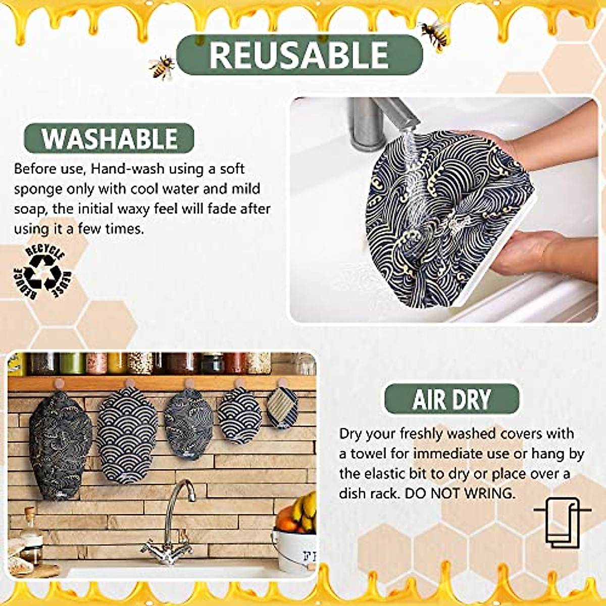 Li'l Things Eco-friendly Beeswax Bowl Covers | Improved Beeswax Coating | Elastic Food Storage Covers | Reusable Lids For Food, Fruits and Leftover | 5 Sizes | 3 Different Themes | Japanese Waves