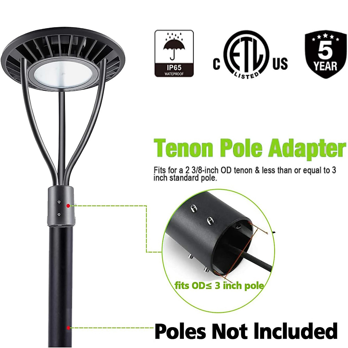 LED Post Top Pole Light with Dusk to Dawn Photocell, 20W/30W/40W/60W Wattage Selectable, 3000K/4000K/5000K CCT Tunable, LED Garden Area Lights for Pathway IP65 Waterproof