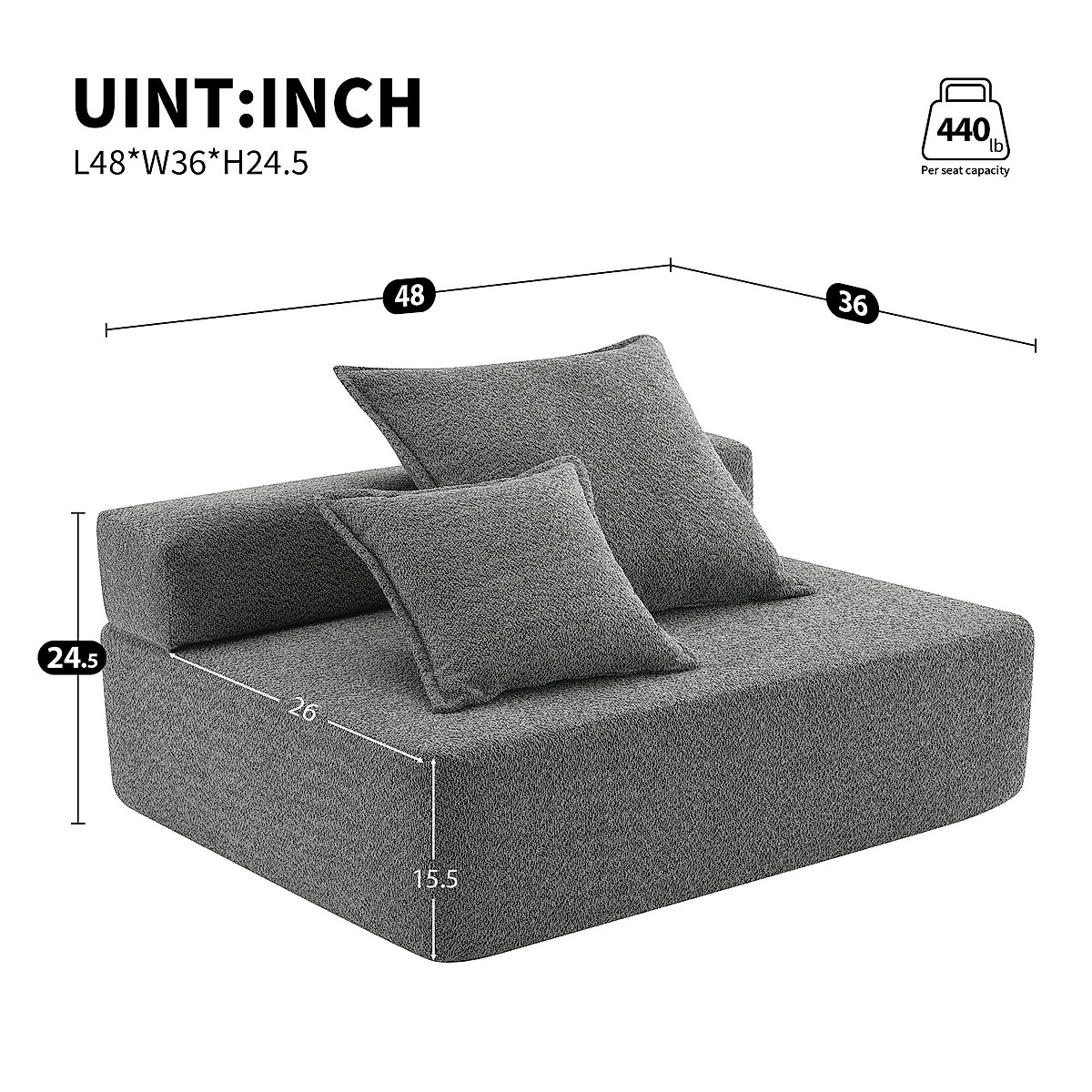 Taikonaut Lounge Frame for Oversized Modular U Shaped Sectional Sofa,Luxury Boucle Floor Couch Set,Convertible Sleeper Couch,Spacious Foam-Filled Sofa Bed for Living Room (L48*W36*H24.5, Gray)
