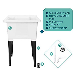 White Utility Sink by JS Jackson Supplies, Tehila Luxe Laundry Tub with Black Metal Legs and P-Trap Kit