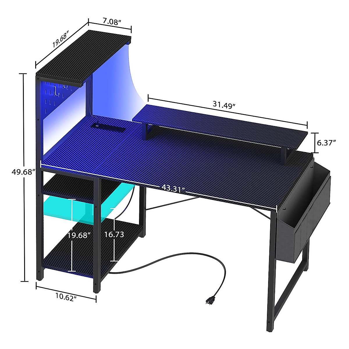 Homieasy Gaming Desk with Power Outlets & Pegboard & Led Light, 43 Inch Computer Desk with Reversible Storage Shelves & Side Storage Bag, PC Gamer Desk with Hutch & Monitor Stand, Carbon Fiber Black