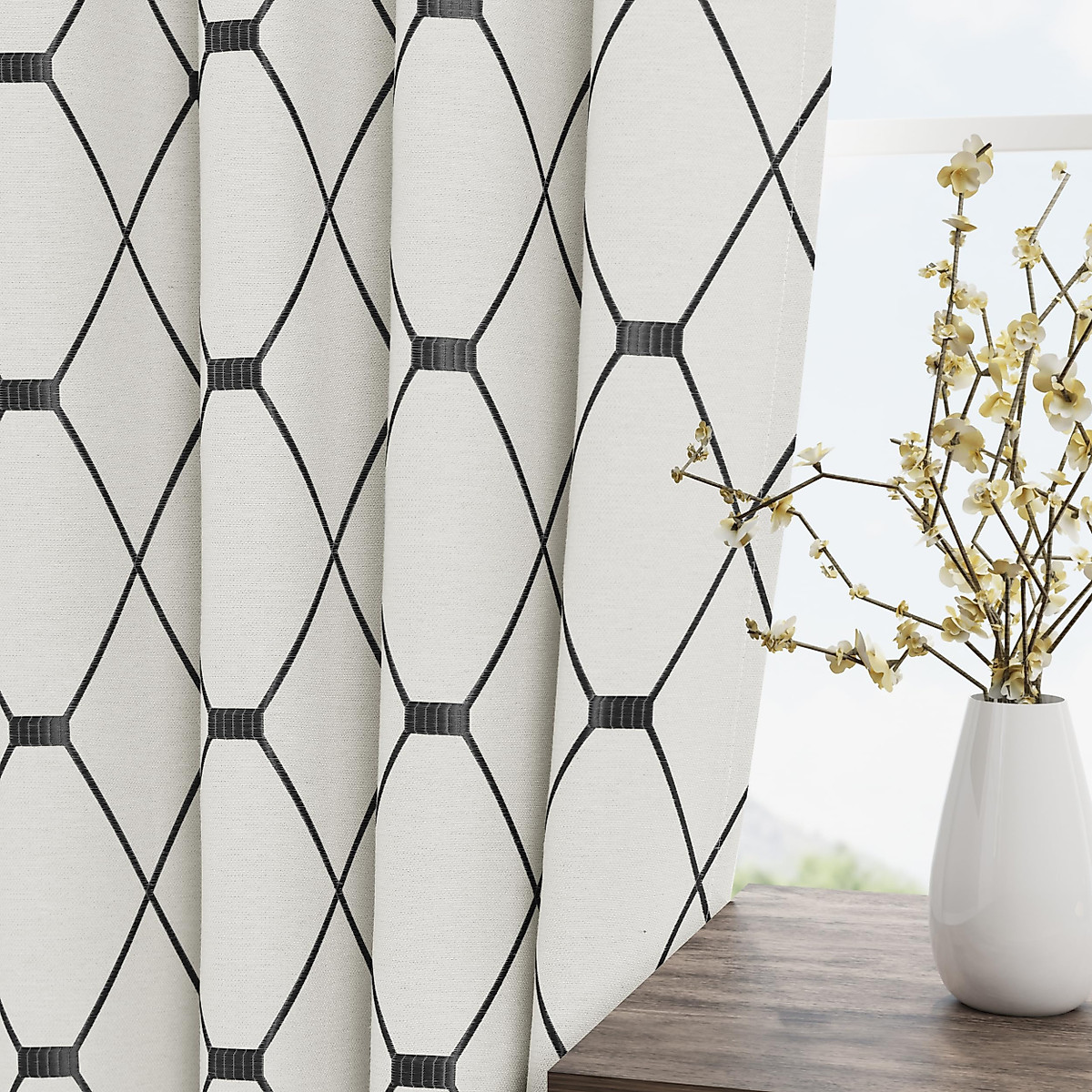 Joywell Cream Linen Textured Curtains 84 inches Long for Living Room Embroidered Farmhouse Window Curtain Grommet Drapes 2 Panels Heavy Cotton Curtains Black Checkered Pattern on Beige