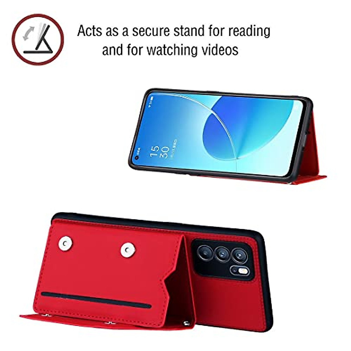 SATURCASE Case for Oppo Reno 6 Pro 5G, PU Leather Soft Silicone TPU Anti-Drop Foldable Kickstand Card Slots Metal Buttons Protective Back Cover for Oppo Reno 6 Pro 5G (Red)