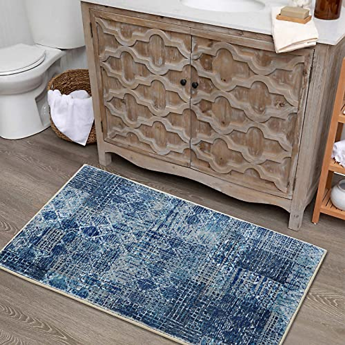 YoKii Navy Blue Geometric Distressed Throw Rug Texture 2x3 Faux Wool Modern Abstract Small Area Rug Fuzzy Kitchen Bathroom Mat Rubber Backed Vintage Diamond Low Pile Indoor Doormat (2x3, Navy Blue)