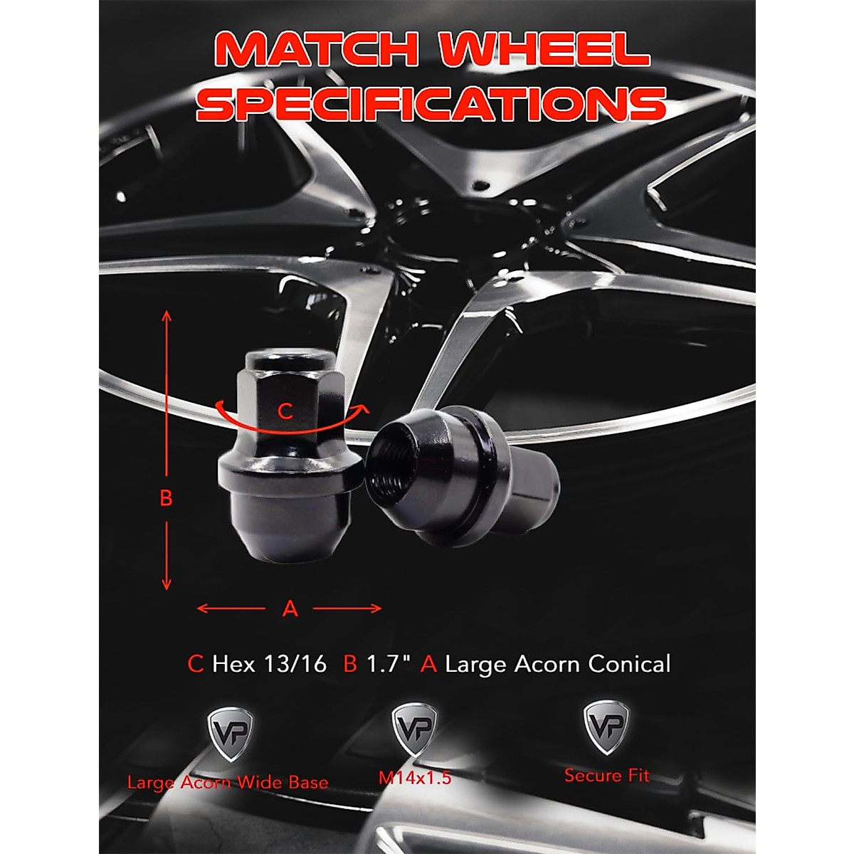 Set of 24 Veritek 14x1.5mm 13/16 Hex 1.7 Inch 44.5mm Length Black OEM Factory Style Large Acorn Seat Lug Nuts for Ford F-150 Expedition Lincoln Navigator Factory Wheels