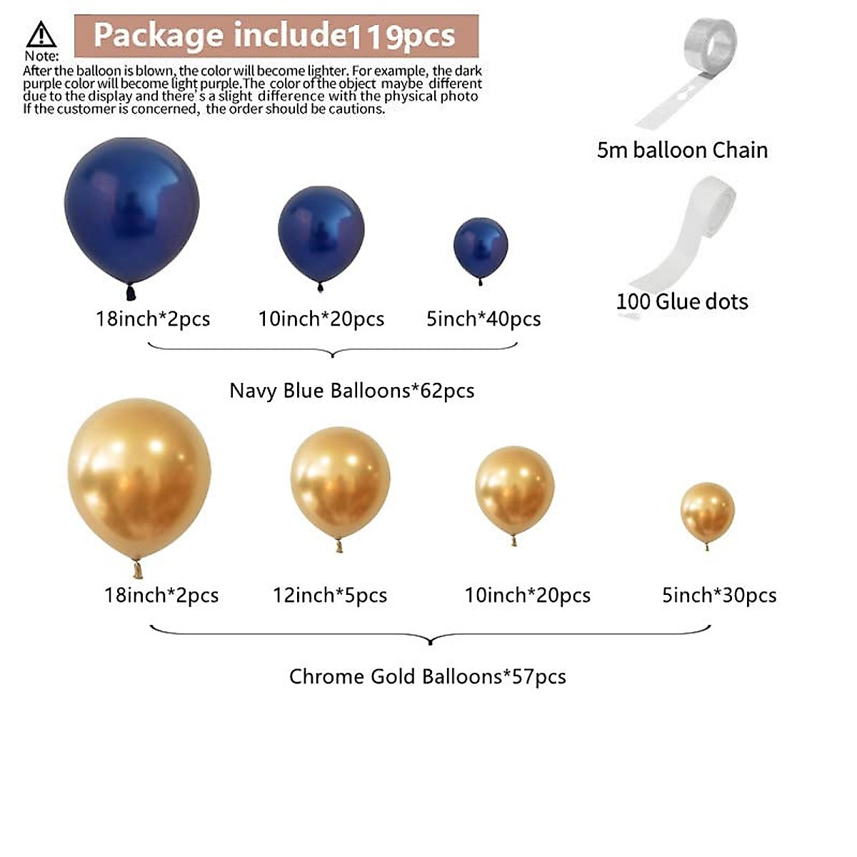 Navy Blue Balloons Arch Garland Kit 119pcs Chrome Gold Balloons for Wedding Graduation Birthday Party Decor