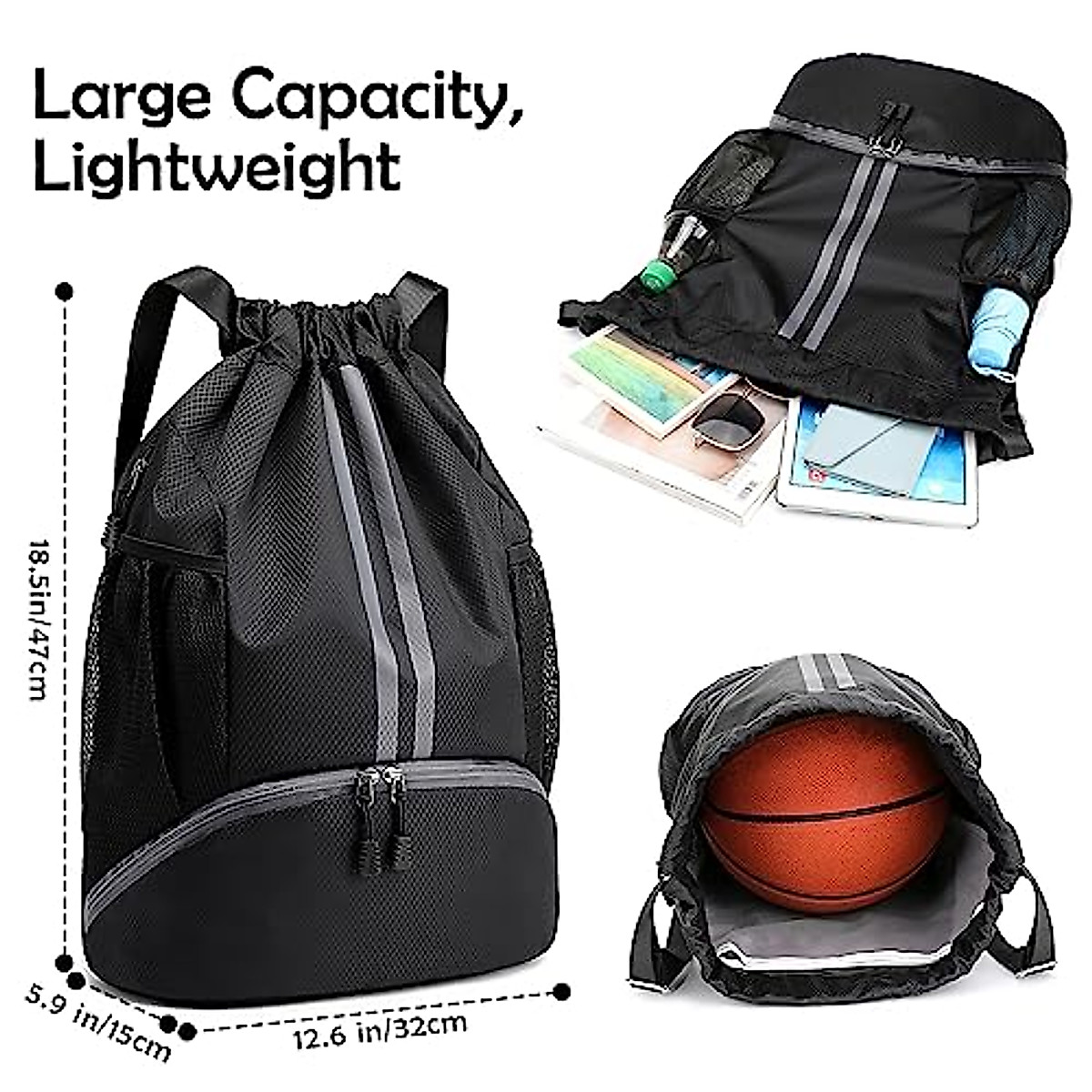 ZIXKUB Drawstring Backpack Gymbag Water Resistant Sports Sackpack with Zipper/Shoe Compartment/Wet Pocket/Mesh Pockets Gym Sack for Women Men Lightweight String Bag for Travel Soccer Swim, Black