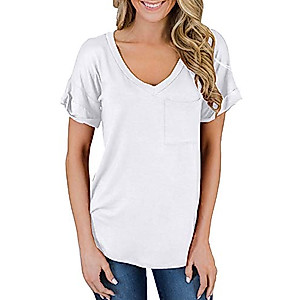 MIHOLL Women's Short Sleeve V-Neck Shirts Loose Casual Tee T-Shirt (White, Large)