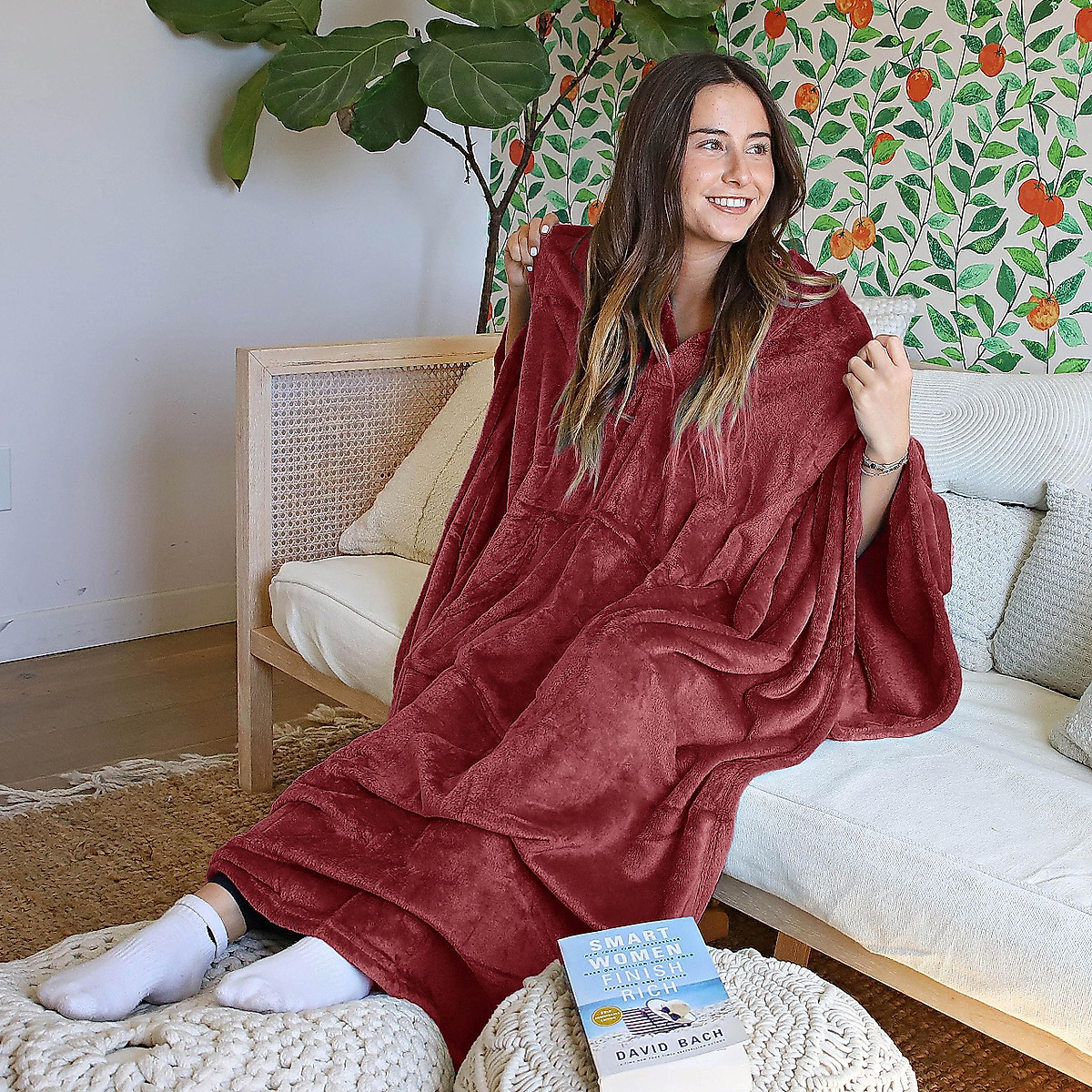 Poncho Blanket Comfy Plush Fleece Wearable Blanket for Adult Women Men Kids Throw Wrap Cover Indoors or Outdoors, 55''x 80'' Wine