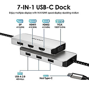 USB C to Dual HDMI Adapter 4K 60hz, 7 in 1 USB C Docking Station with 2 HDMI Displayport VGA Hub, USB C Splitter 4 Monitors Extended Display, USB C Adapter Multiport Dongle for MacBook/Dell/HP/Lenovo