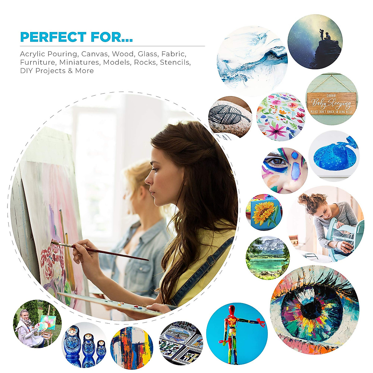 Acrylic Paint Set by Dynamic Distraction - Set of 24 Premium Vibrant Colors - (22 ml, .74 oz.) - Non Toxic Pigment Paints for Canvas, Pouring, Fabric, Wood, Crafts & More! For Artists: Adults & Kids