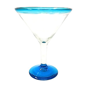 Mexican Hand Blown Glass – Set of 4 Hand Blown Modern Margarita Glasses - Aqua Rim (12 oz)
