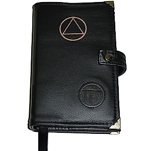 Black Leather Alcoholics Anonymous Big Book Cover AA Symbol and Medallion Holder