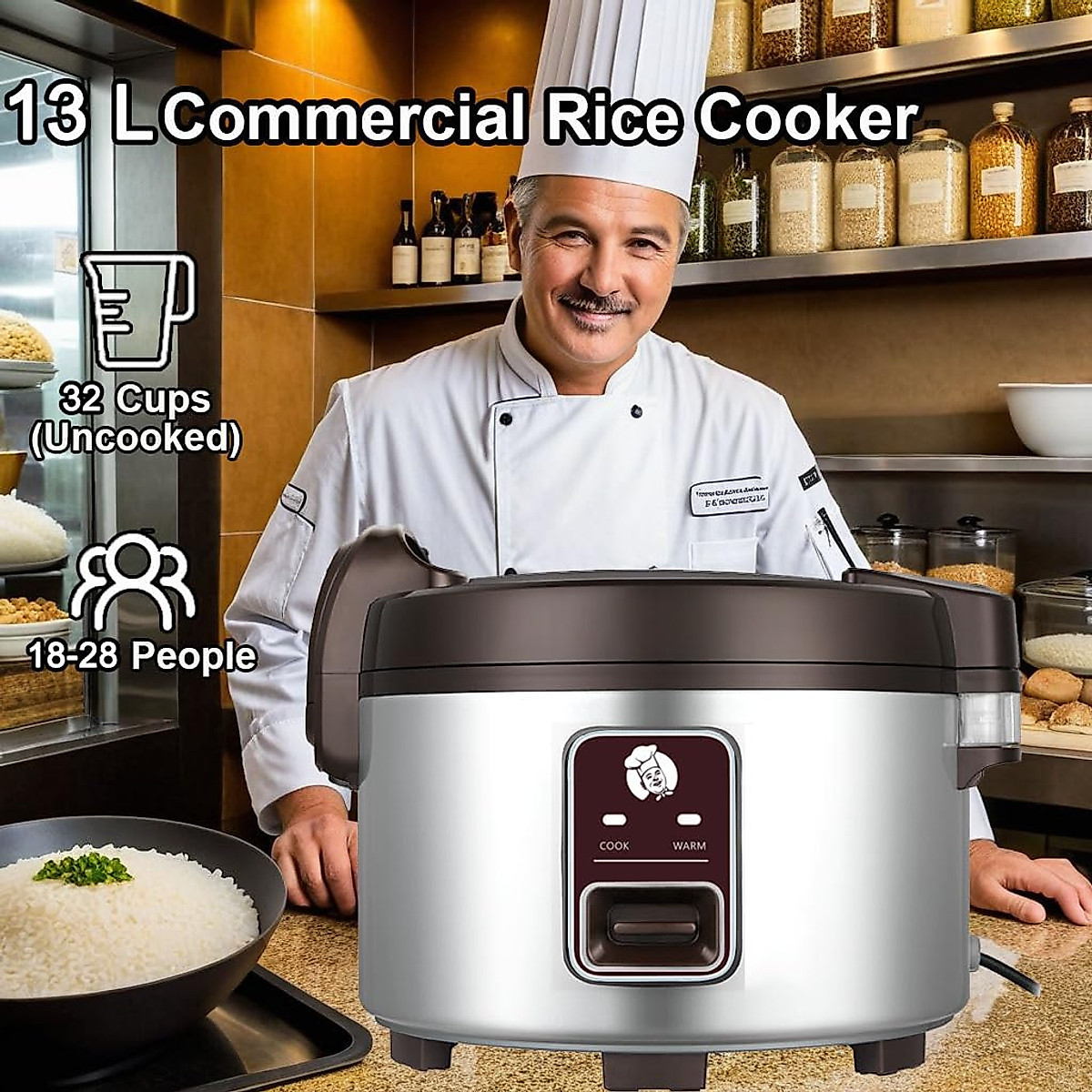 CAZACHEF 13.8 QT Large Commercial rice cooker 65 cups cooked 32 cups uncooked rice Commercial Electiric Rice Warmer for 18-28 people, with One-Touch Operation