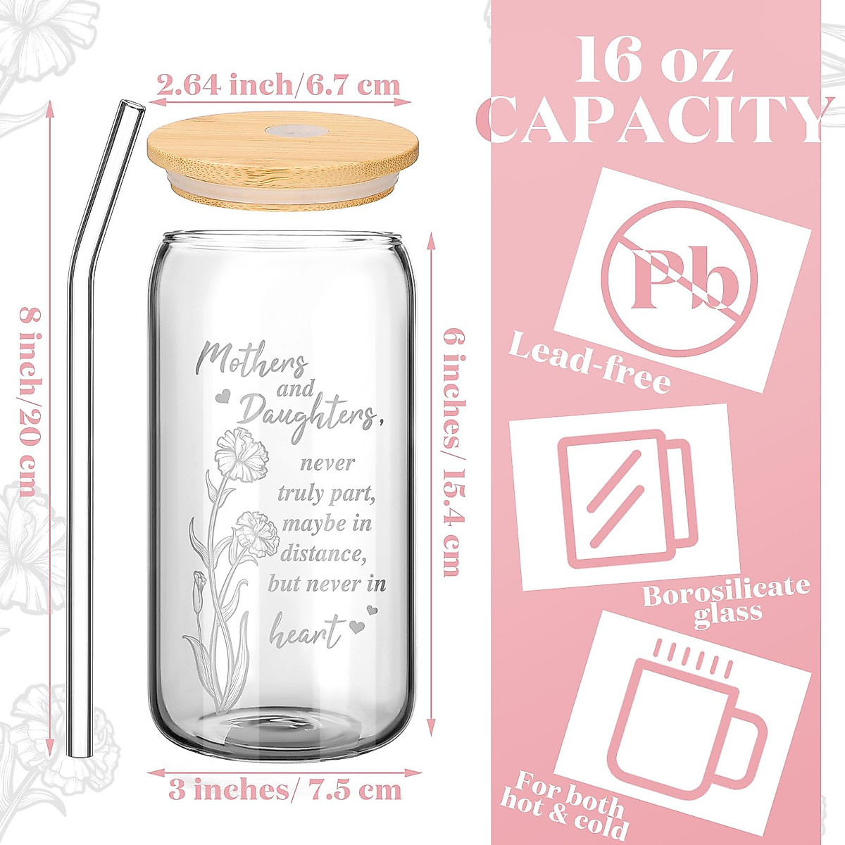 Gejoy Gifts for Mom from Daughter Mothers Day Gifts from Daughter Birthday Presents for Mom 16oz Coffee Glass Mom Funny Can Beer Glass with Bamboo Lids and Straw (Tulip)