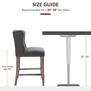 HOMCOM Counter Height Bar Stools Set of 2, Upholstered 26.75" Seat Height Barstools, Breakfast Chairs with Nailhead-Trim & Tufted Back, Wood Legs, Deep Grey