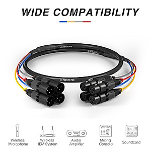 Phenyx Pro 3Ft XLR Snake Cable, Color-Coded XLR to XLR Patch Cable, 4- Channel Male to Female XLR Cable w/OFC Copper, Balanced Microphone Cable for Mixers, IEM & Mic Systems