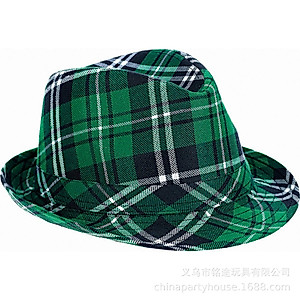 ANIUHL St. Patrick's Day Plaid Fabric Fedora Hat and Bow Tie Set, Green Irish Cap Party Cosplay Costumes Accessory for Women Men