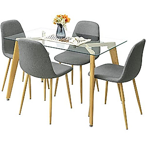 Bacyion 47" Dining Table Set for 4-5 Piece Kitchen Table and Chair, Rectangle Tempered Glass Table with 4 Faux Leather Side Chairs, Modern Dining Room Table Set for Dining Room, Kitchen, Deep Grey