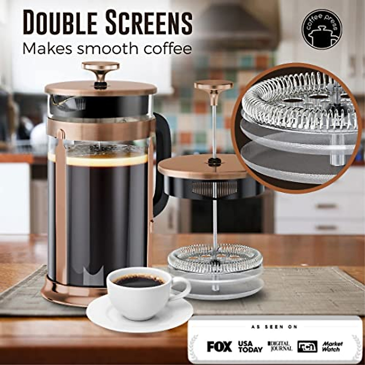 coffee press French Press Coffee Maker with 2 Extra Screens, 34oz, French Press Stainless Steel 304 Grade, Easy Disassemble Design Double Filter, Thick Heat Resistant Glass Pot (Copper)