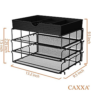 CAXXA 3 Trays Stackable Mesh Letter Tray, Desk File Organizer, Desktop Paper Tray Holder with Drawer, Black