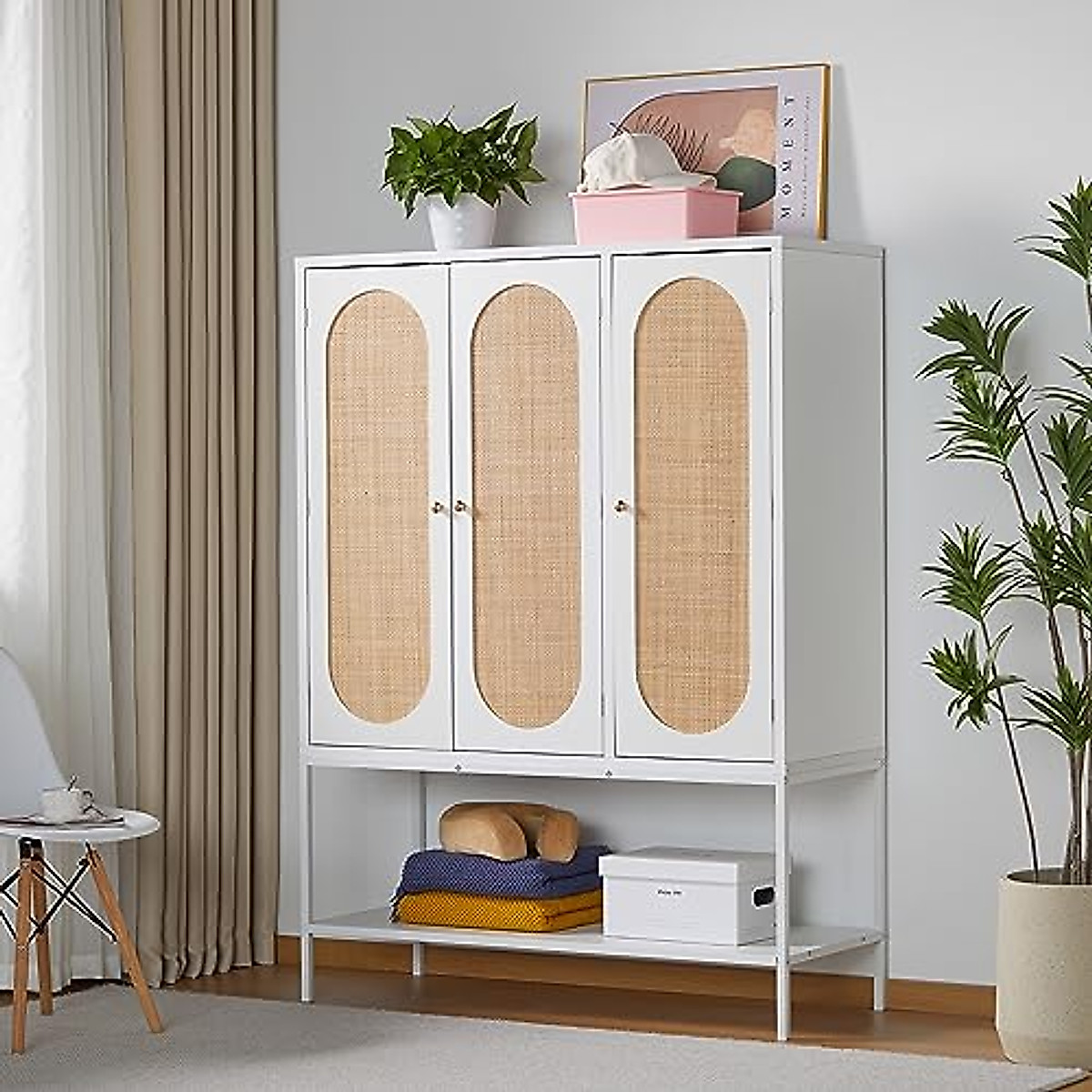 LEVNARY Large Armoire Wardrobe Closet with 3 Doors, Rattan Wardrobe Cabinet with Shelves and Hanging Rail for Clothes, Freestanding Wooden Closet for Bedroom, White (47.24" W x 18.89" D x 62.99" H)