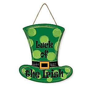 Whaline St. Patrick's Day Wooden Hanging Sign Leprechaun Hat Irish Door Decoration Green St. Patrick's Day Hat Welcome Sign for Irish Holiday Home Indoor Outdoor Farmhouse Window