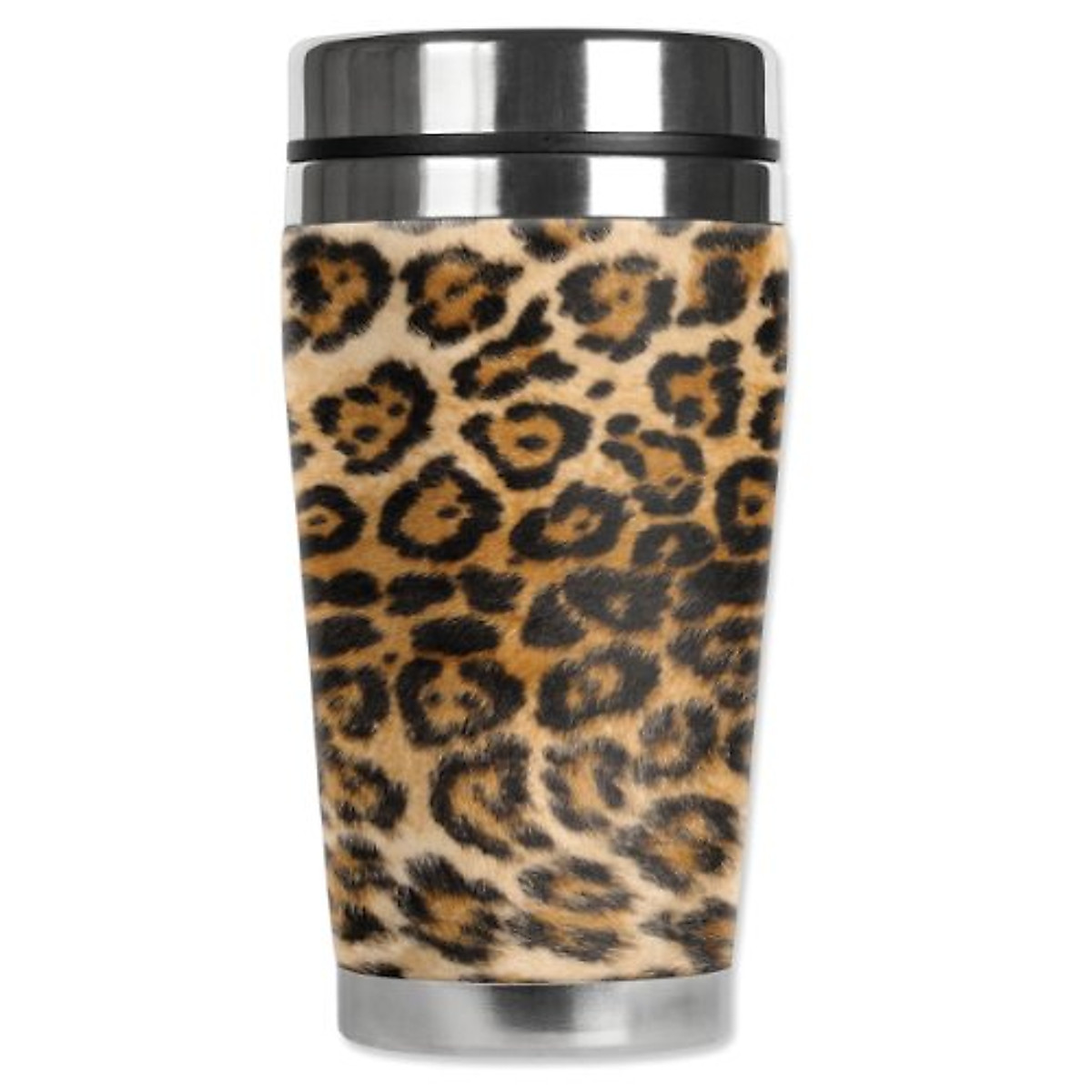 Mugzie Spotted Leopard Travel Mug with Insulated Wetsuit Cover, 16 oz, Black