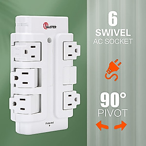 Outlet Extender, 6 90° Rotating Plugs, 15A, 125V, 1875W, 540J, Power Strip, Surge Protector Power Strip for Travel Hotel Office Home Wall Surge Protector, White