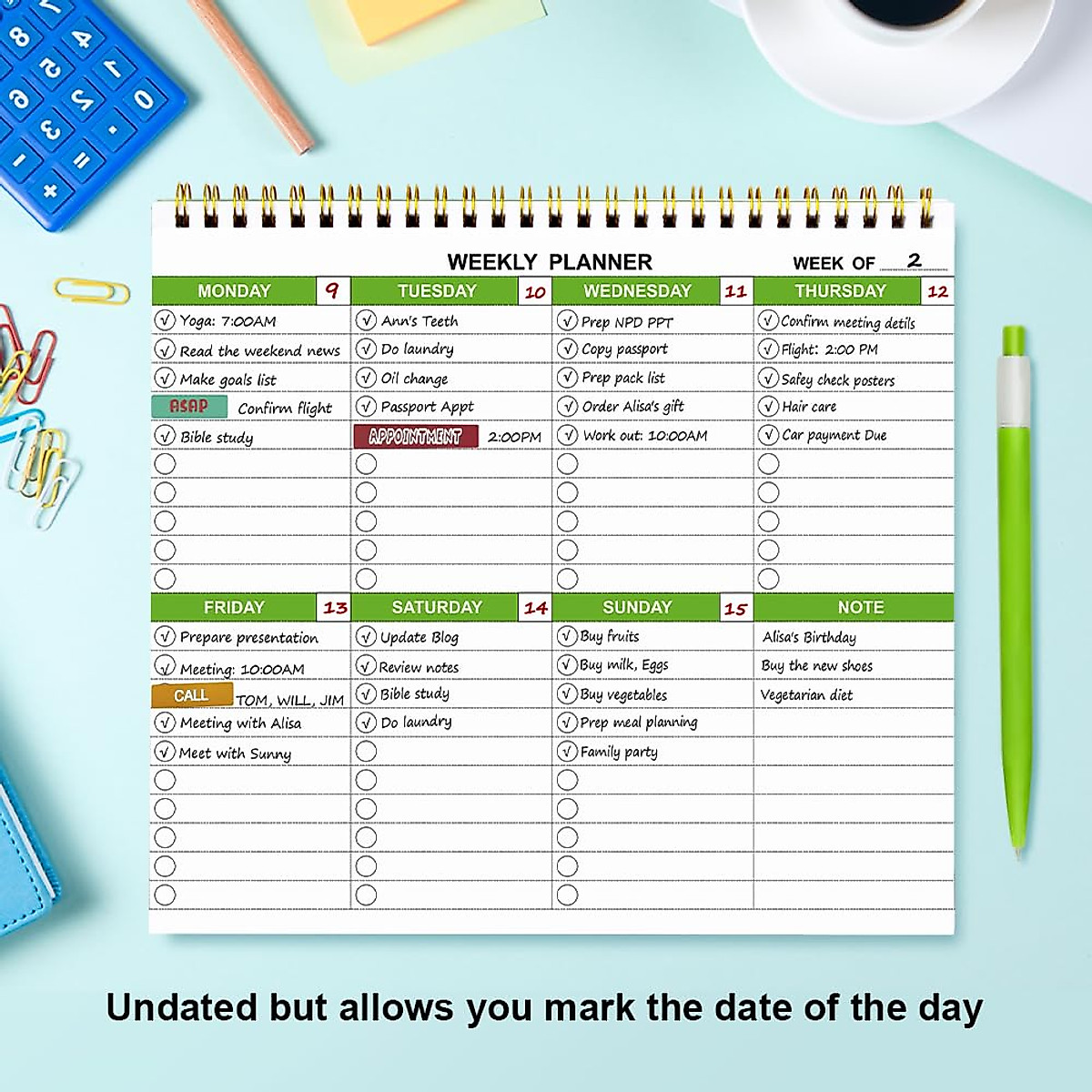 Spiral Weekly Planner, 8.7" X 9.5" Size, Weekly To Do List Notepad with Checklist, 52 Sheets Tear Off Note Pad, Work and Personal Organizer