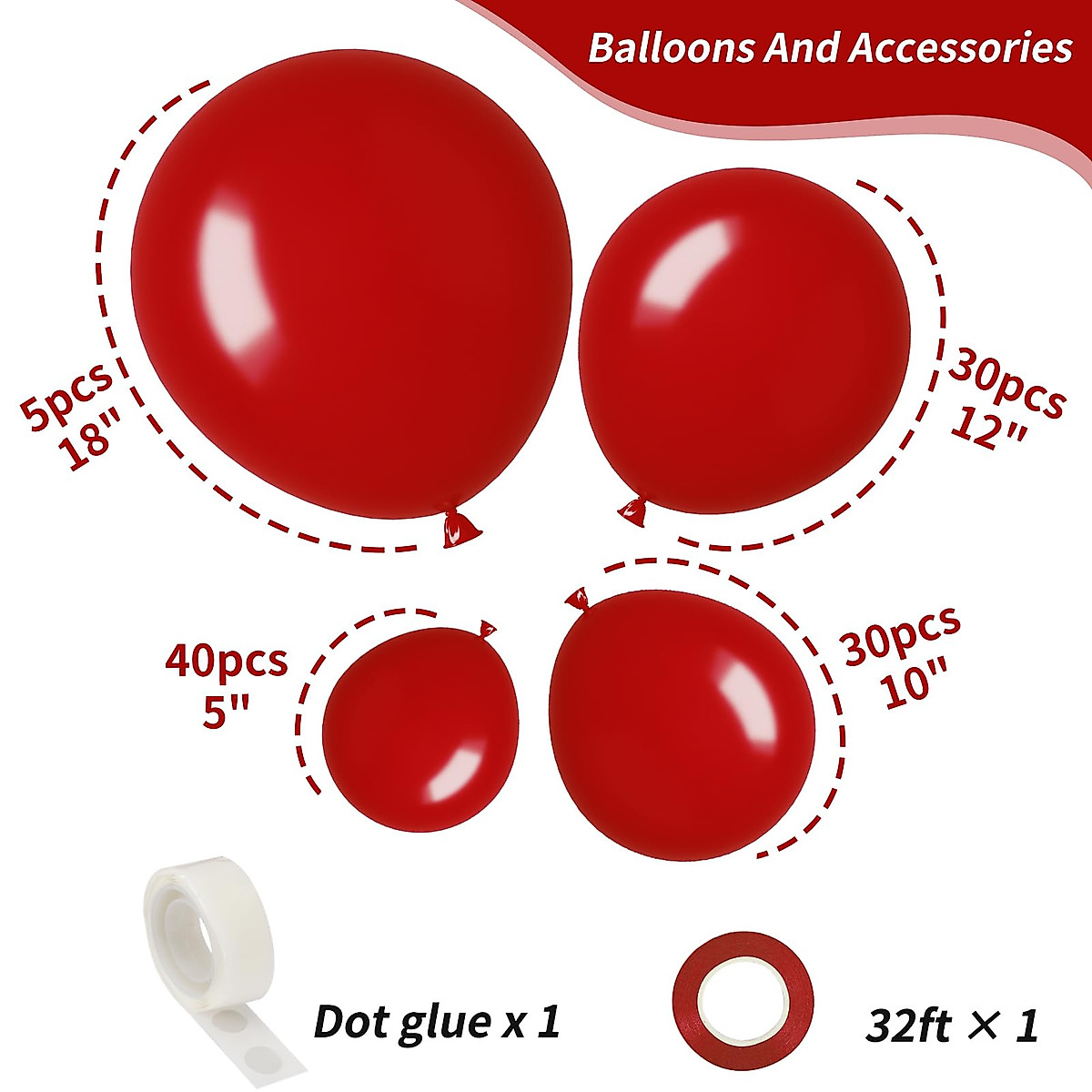 RUBFAC Ruby Red Balloons Different Sizes 105pcs 5/10/12/18 Inch Dark Red Christmas Balloon Garland Kit for Wedding Valentine's Day Birthday Party Supplies Bridal Shower Decorations