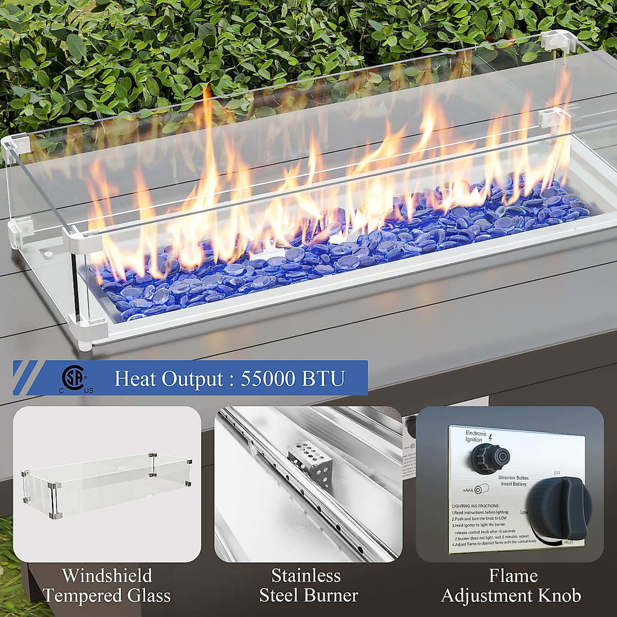 ALAULM 8 Pieces Metal Patio Furniture Set with Propane Fire Pit Table Modern Outdoor Furniture w/55000 BTU Fire Pit Patio Sectional Sofas w/5.1'' Sponge Cushions for Patio, Backyard, Poolside-Grey