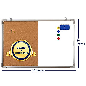 Combination Whiteboard Bulletin Board Set - Dry Erase/Cork Board 30 x 20" with 1 Magnetic Dry Eraser, 4 Markers, 4 Magnets and 10 Pins - Big Combo Tack White Board for Home Office Cubicle Desk